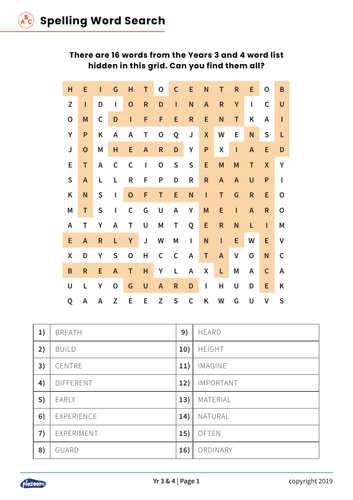Years 3 And 4 Spelling Word List Differentiated Wordsearches | Teaching ...