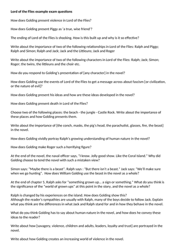 Lord of the Flies example exam questions, AQA GCSE | Teaching Resources