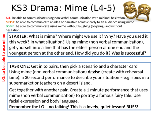 KS3 Drama - Mime - Task Card | Teaching Resources