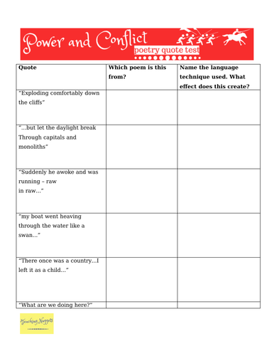 AQA Power and Conflict Poetry Quote revision quiz/test grid (full ...