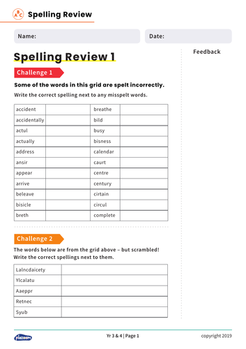 Year 3 and 4 Spelling Word List Review Worksheet | Teaching Resources