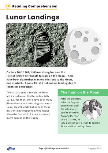 Lunar Landings – KS2 Reading Comprehension Worksheets: Famous Lives ...