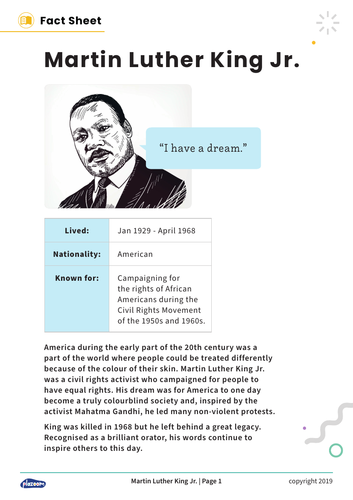 Martin Luther King Jr - KS2 Reading Comprehension Worksheets: Famous ...