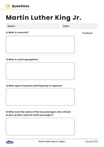 Martin Luther King Jr - KS2 Reading Comprehension Worksheets: Famous ...