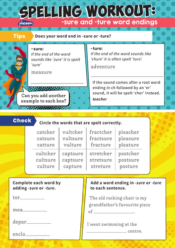 Years 3 and 4 Words Ending In -sure Or -ture Worksheet: Spelling ...