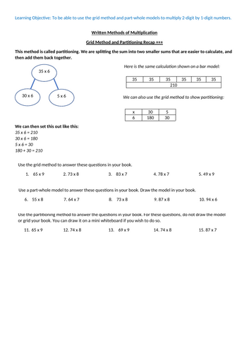Multiplication by partitioning (Grid Method & Part Whole Model ...