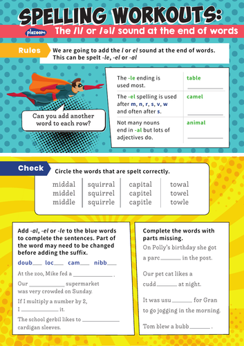 Year 2 /l/ or /əl/ Sounds At The End Of Words Worksheet: Spelling ...