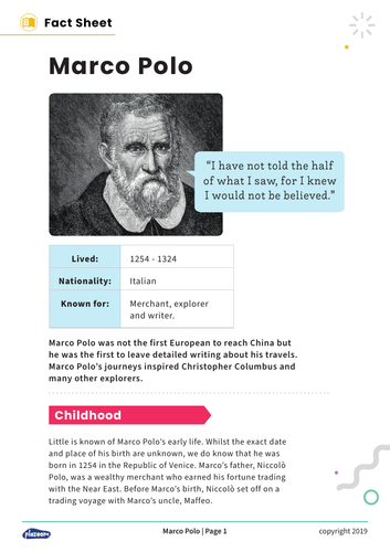 Marco Polo - KS2 Reading Comprehension Worksheets: Famous Lives ...