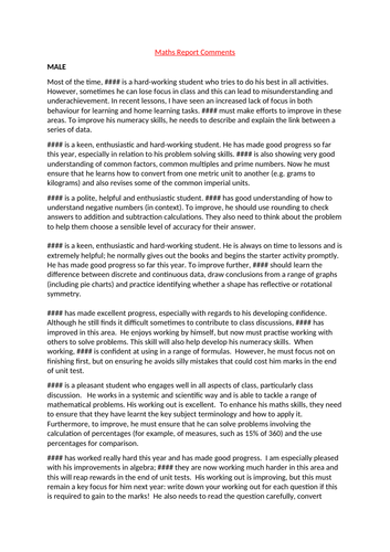 KS4 YEAR 10/11 GCSE MATHS PUPIL REPORT COMMENT BANK | Teaching Resources