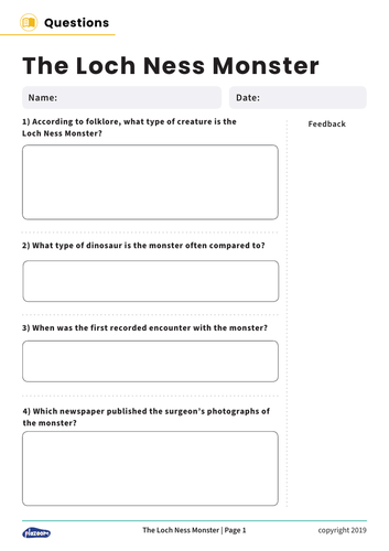 The Loch Ness Monster - KS2 Reading Comprehension Worksheets ...