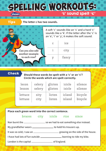 Year 2 's' Sound Spelt 'c' Worksheet: Spelling Workout | Teaching Resources
