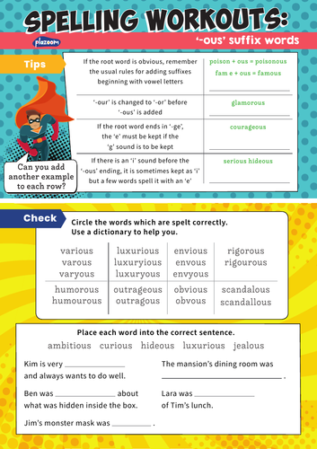 Years 3 And 4 -ous Suffix Worksheet: Spelling Workouts | Teaching Resources