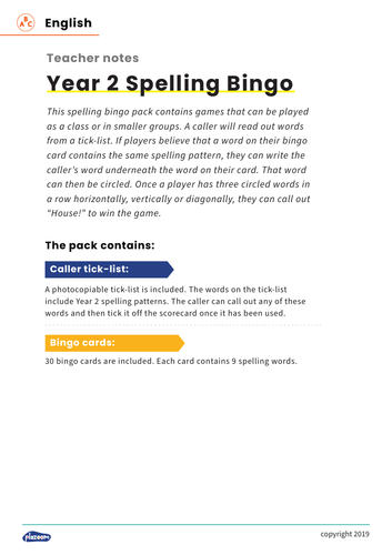 Year 2 Spelling Bingo Grammar Game | Teaching Resources