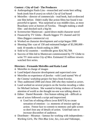 FILM STUDIES - A LEVEL - CITY OF GOD - URBAN GLOBAL FILMS | Teaching ...