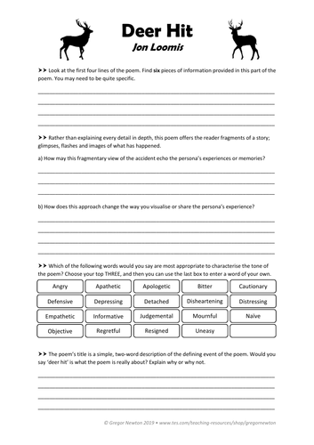 Deer Hit - Jon Loomis - Worksheets | Teaching Resources