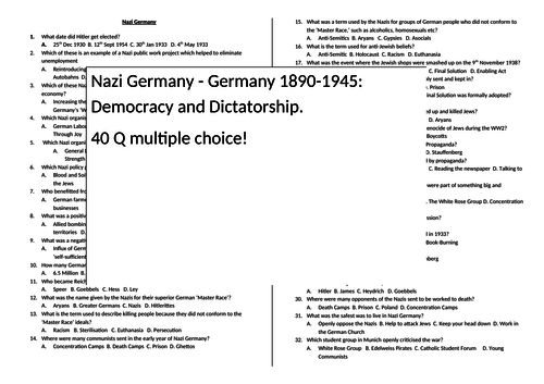 GCSE HISTORY AQA - GERMANY QUIZZES | Teaching Resources