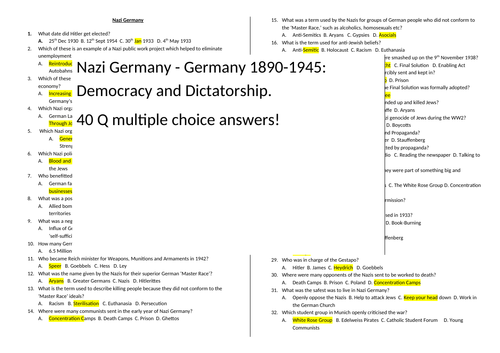 GCSE HISTORY AQA - GERMANY QUIZZES | Teaching Resources