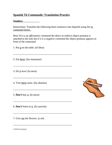 Spanish Tú Commands with Object Pronouns Translation Worksheet ...