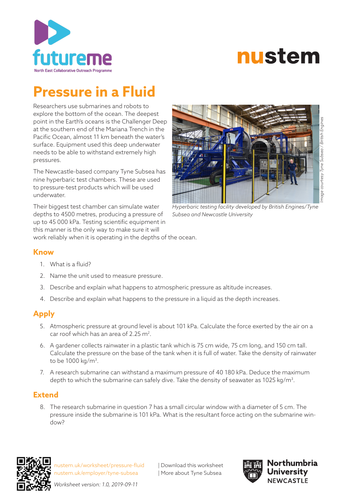 Pressure in a fluid - year 9 | Teaching Resources