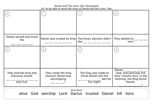 KS1/SEN RE Daniel and Lions' Den Storyboard with Missing Words ...