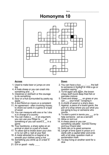 Homonym Crosswords and Word Searches | Teaching Resources