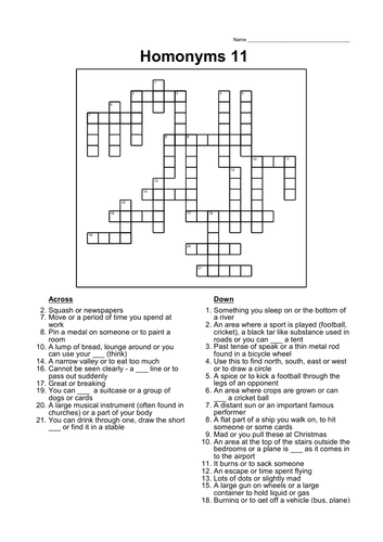Homonym Crosswords and Word Searches | Teaching Resources
