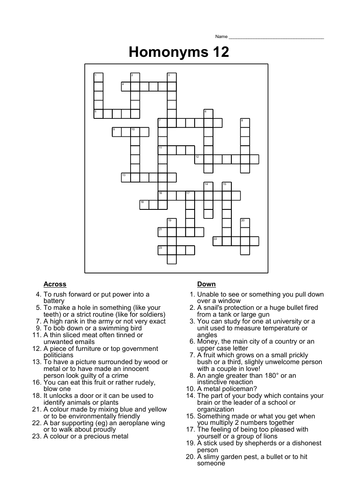 Homonym Crosswords and Word Searches | Teaching Resources