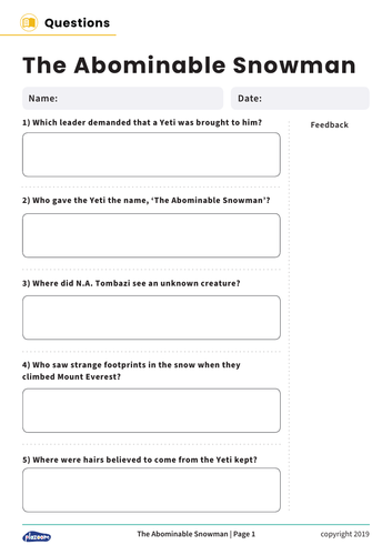 The Abominable Snowman - KS2 Reading Comprehension Worksheets ...
