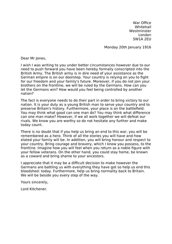 KS2 English Writing WW1 War Office Formal Letter Example | Teaching ...