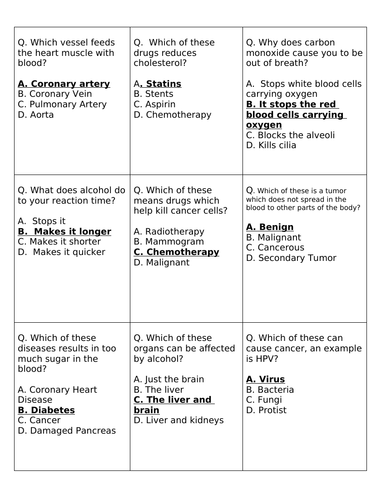 18 quiz cards for Non-communicable diseases - AQA GCSE organisation ...