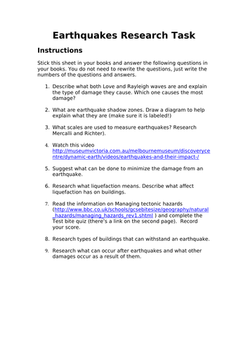 Earthquakes Research Task | Teaching Resources