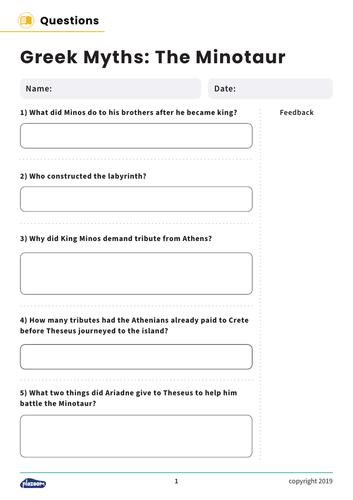 The Legend Of The Minotaur - KS2 Reading Comprehension Worksheets And ...