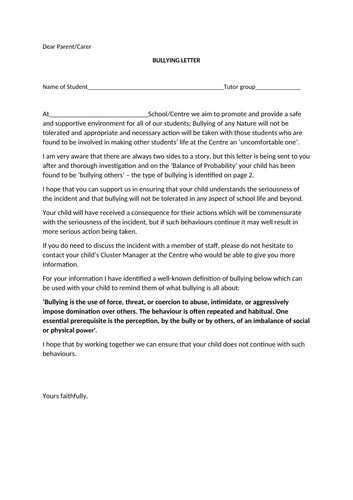 Bullying Contract and Letter Exemplar | Teaching Resources
