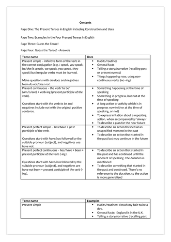 English Grammar: Present Tenses + Quiz + Answers | Teaching Resources