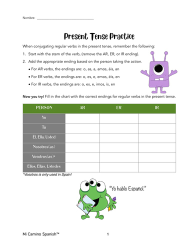 Regular Spanish Verbs, PRESENT Tense Conjugation (Overview & Worksheets ...