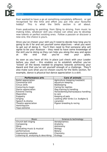 DofE Bronze Award - Physical, Skills and Volunteering Help sheets ...