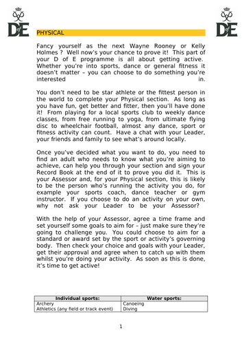 DofE Bronze Award - Physical, Skills and Volunteering Help sheets | Teaching Resources