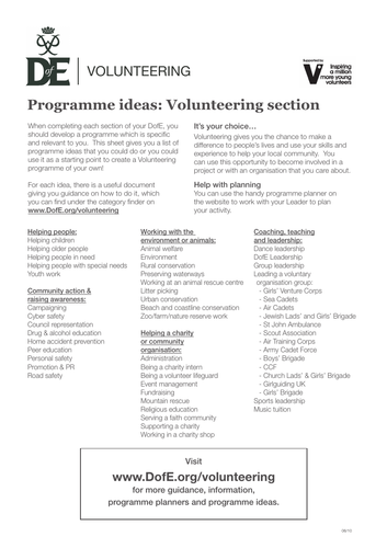 DofE Bronze Award - Physical, Skills and Volunteering Help sheets ...