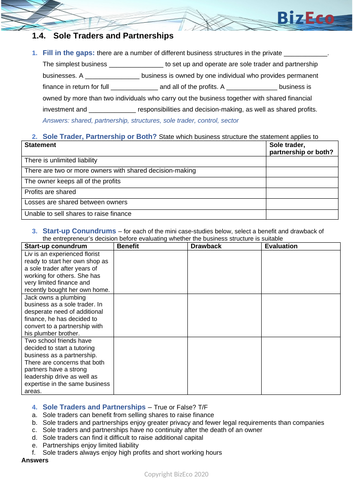 Unit 1 - Sole Trader and Partnerships - CIE AS Business - Worksheet ...