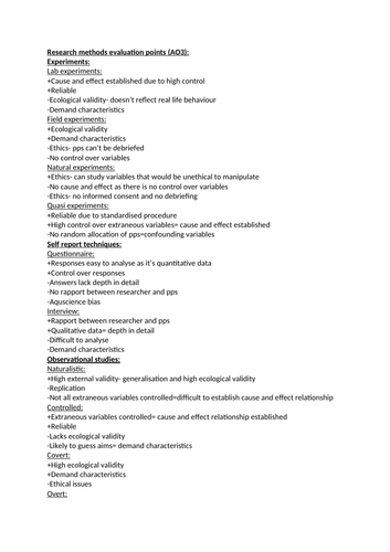 AQA Psychology AS/A-Level Research Methods Evaluation Points | Teaching ...