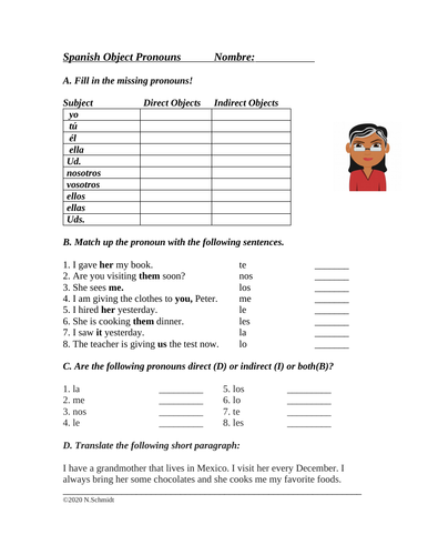 Spanish Object Pronouns Worksheet / Quiz: Objectos directos e ...