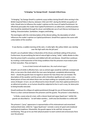 "A Hanging" by George Orwell example Essay A | Teaching Resources