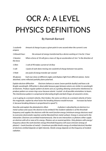 OCR A A-Level Physics Year 1 Definitions | Teaching Resources OCR A A-Level Physics Year 1 Definitions | Teaching Resources
