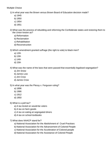 American Civil Rights IB History - Topic Knowledge Test | Teaching ...