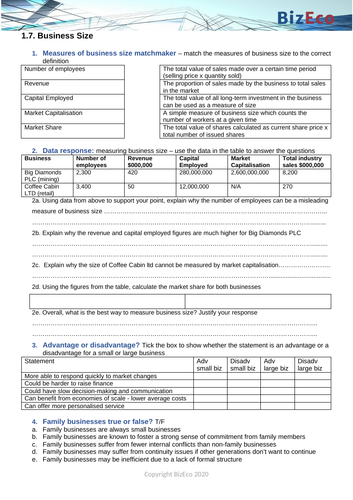 Unit 1 - Business Size - CIE AS Business - Worksheet | Teaching Resources