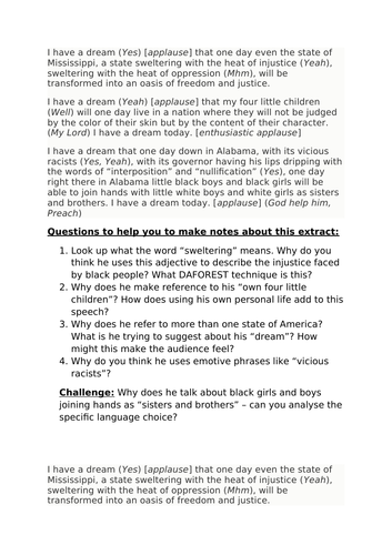 Year 7 speeches intro and MLK - lessons 1 and 2 | Teaching Resources
