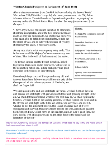 Year 7 Speeches lesson 5 Analysing Churchill | Teaching Resources