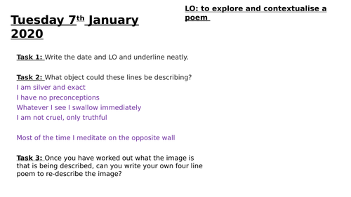 Year 9 Poetry Mirror Sylvia Plath | Teaching Resources