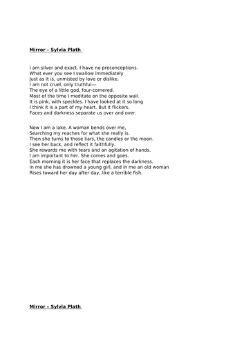 Year 9 Poetry Mirror Sylvia Plath | Teaching Resources