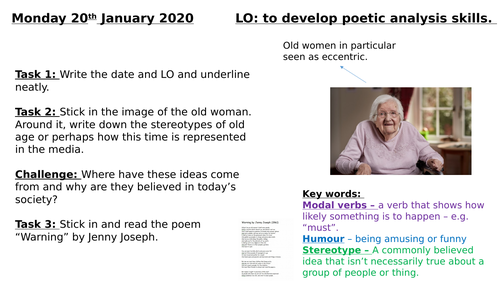 Year 9 Poetry Warning Jenny Joseph | Teaching Resources